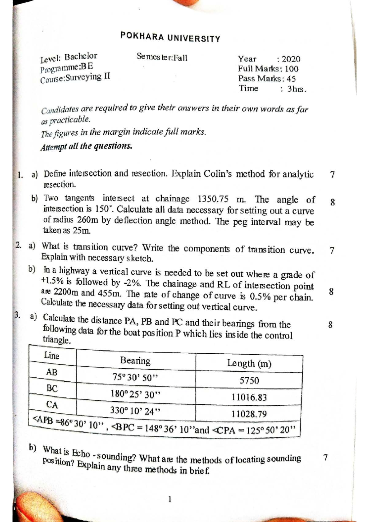 POKHARA UNIVERSITY BE Surveying II Past Exam Questions - Fall 2020 ...