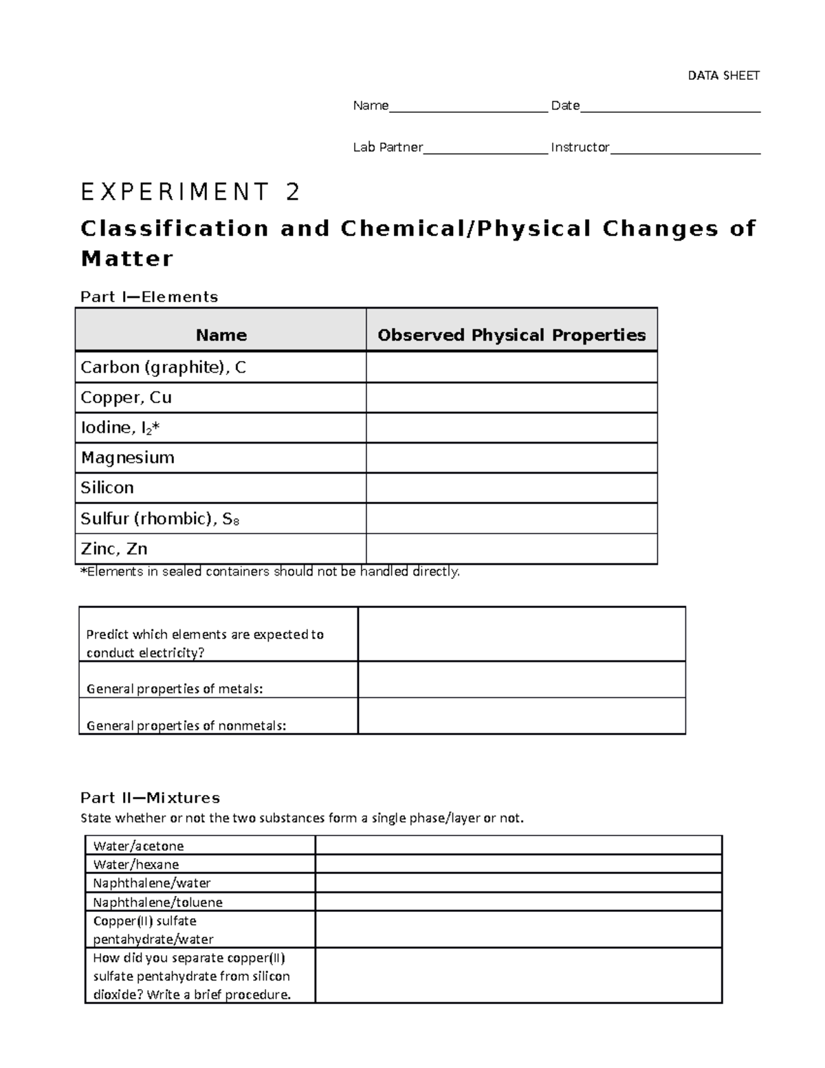 CHM1045L Exp 2: Chemical/Physical Changes of Matter Data Sheet - Studocu