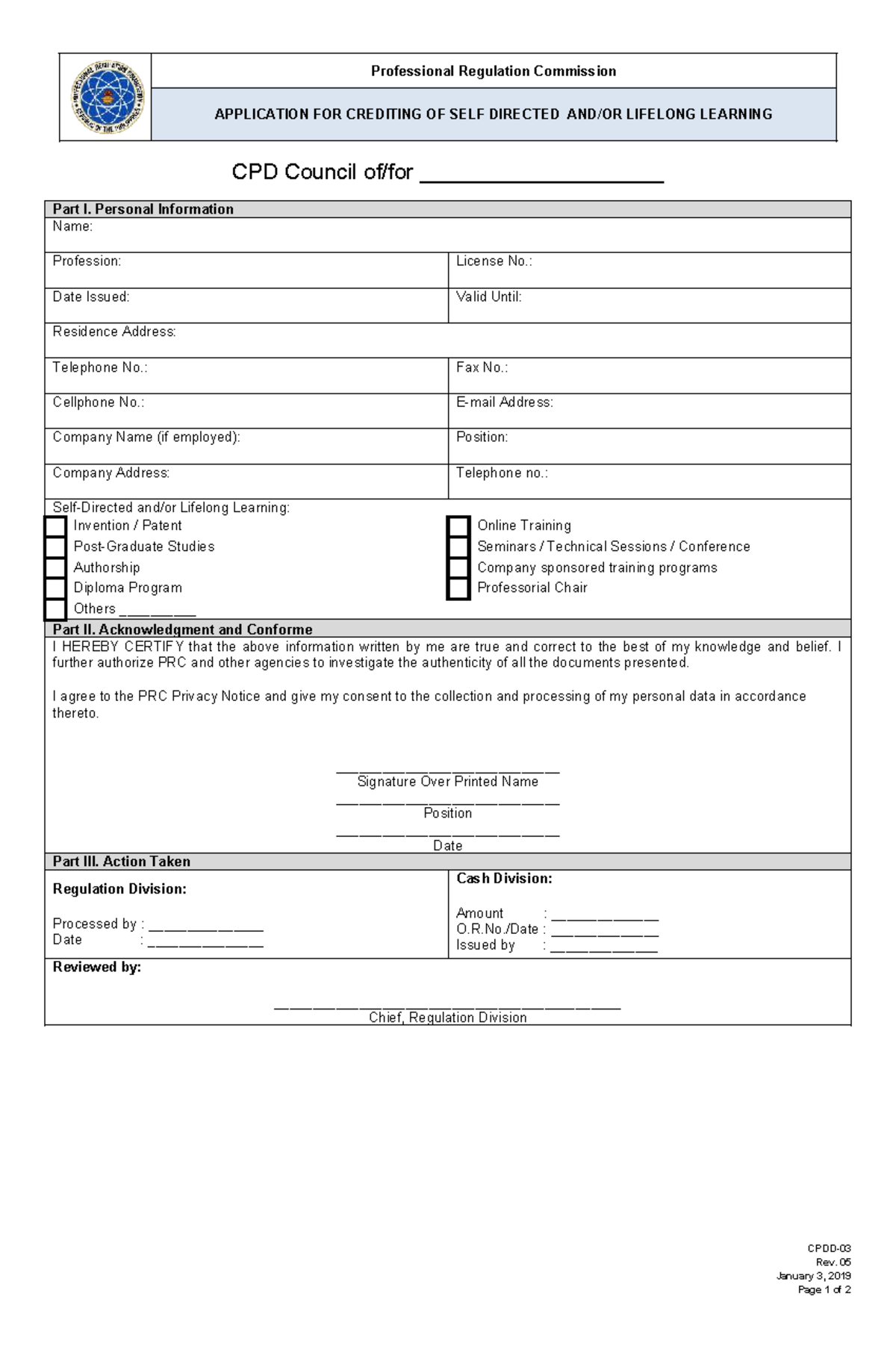 CPD Application Form for Self-Directed Lifelong Learning (CPDD-03 Rev ...