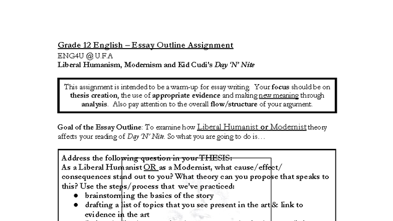 Grade 12 ENG4U Essay Outline: Liberal Humanism & Modernism in Day Nite ...