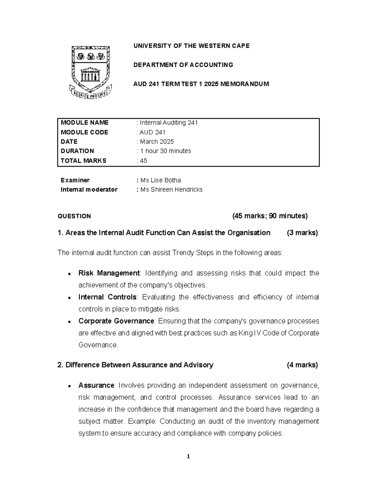 AUD 241 Term Test 1 2025 Memo: Internal Auditing Insights and ...