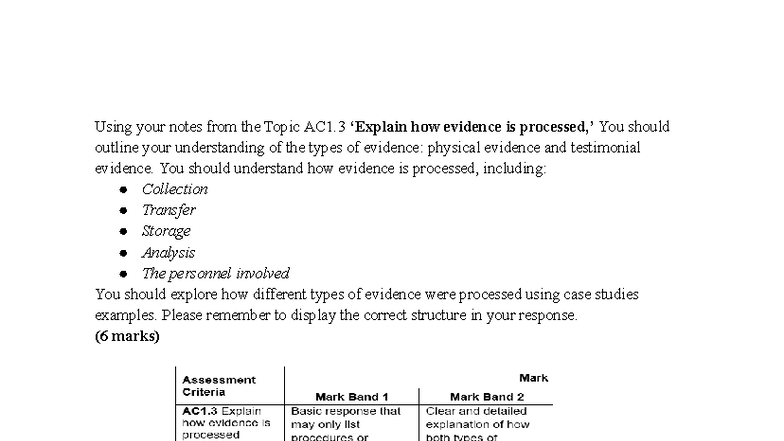 AC1.3 Practice: Explain how evidence is processed - Using your notes ...