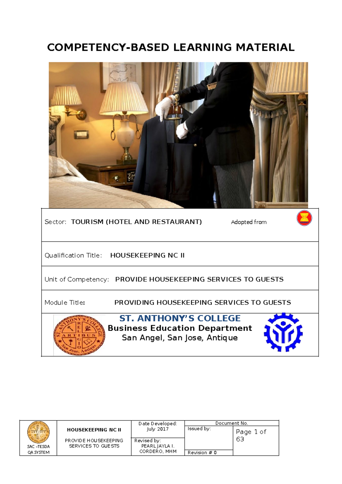 CBLM 3: Providing Valet/Butler Service in Housekeeping NC II - Studocu