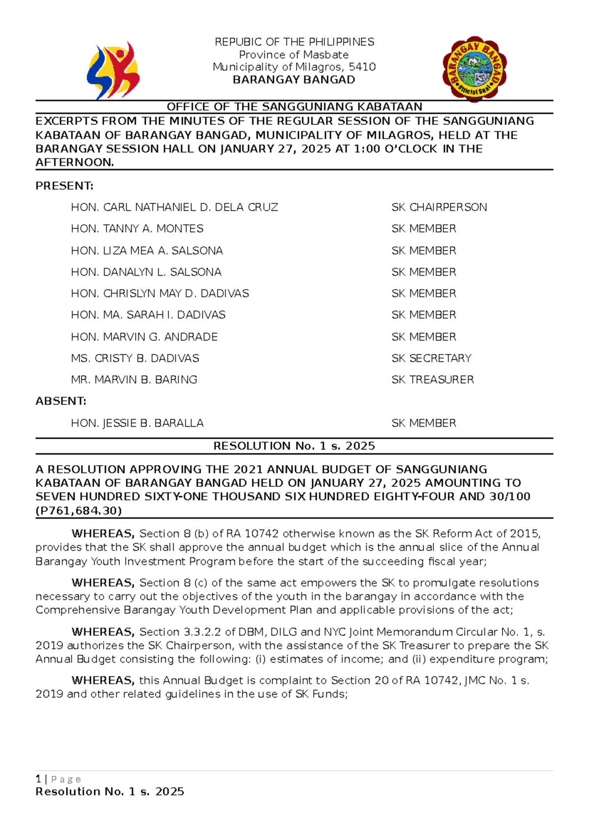Resolution No. 1 s. 2025: Approval of SK Annual Budget for 2021 - Studocu