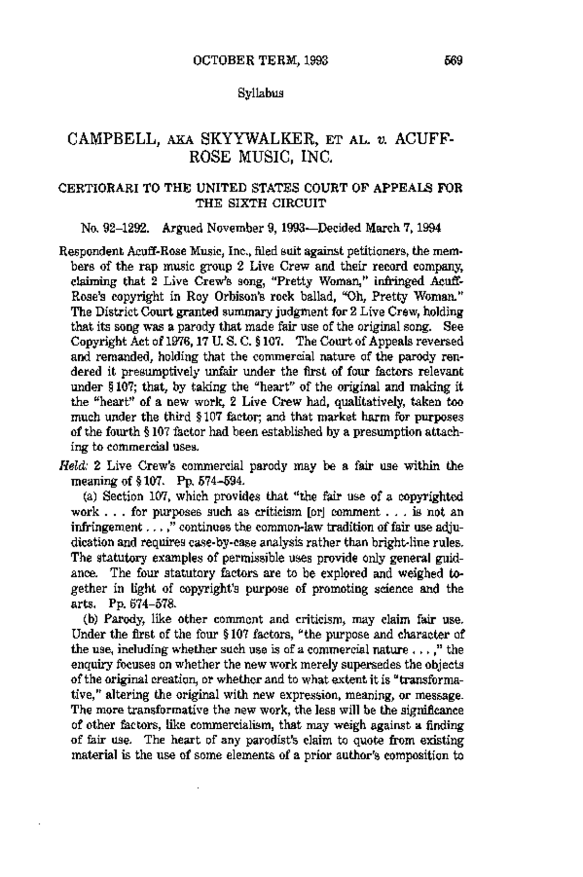 Campbell v. Acuff-Rose Music, Inc. (1994) - Fair Use & Parody Analysis ...