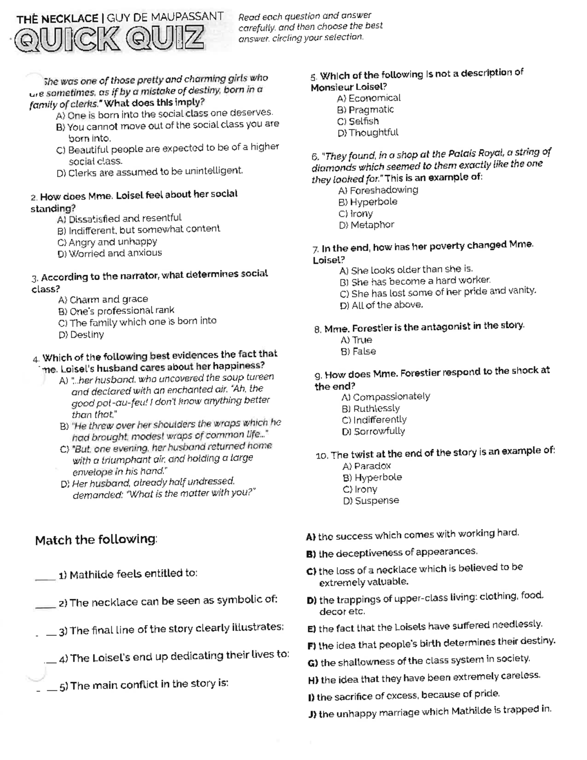 Short Story Test Review: Key Concepts and Quick Quiz Guide - Studocu