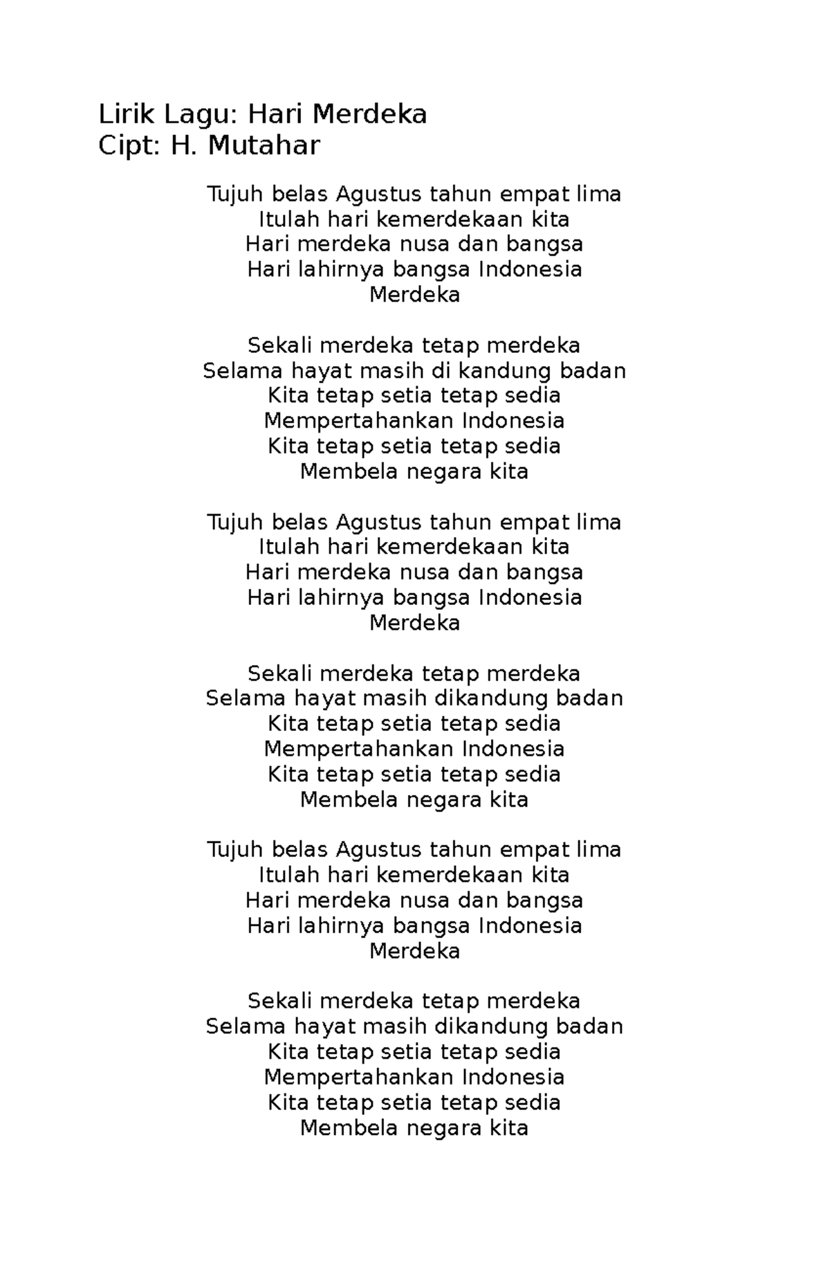 Lirik Lagu "Hari Merdeka" – Cipt. H. Mutahar - Studocu