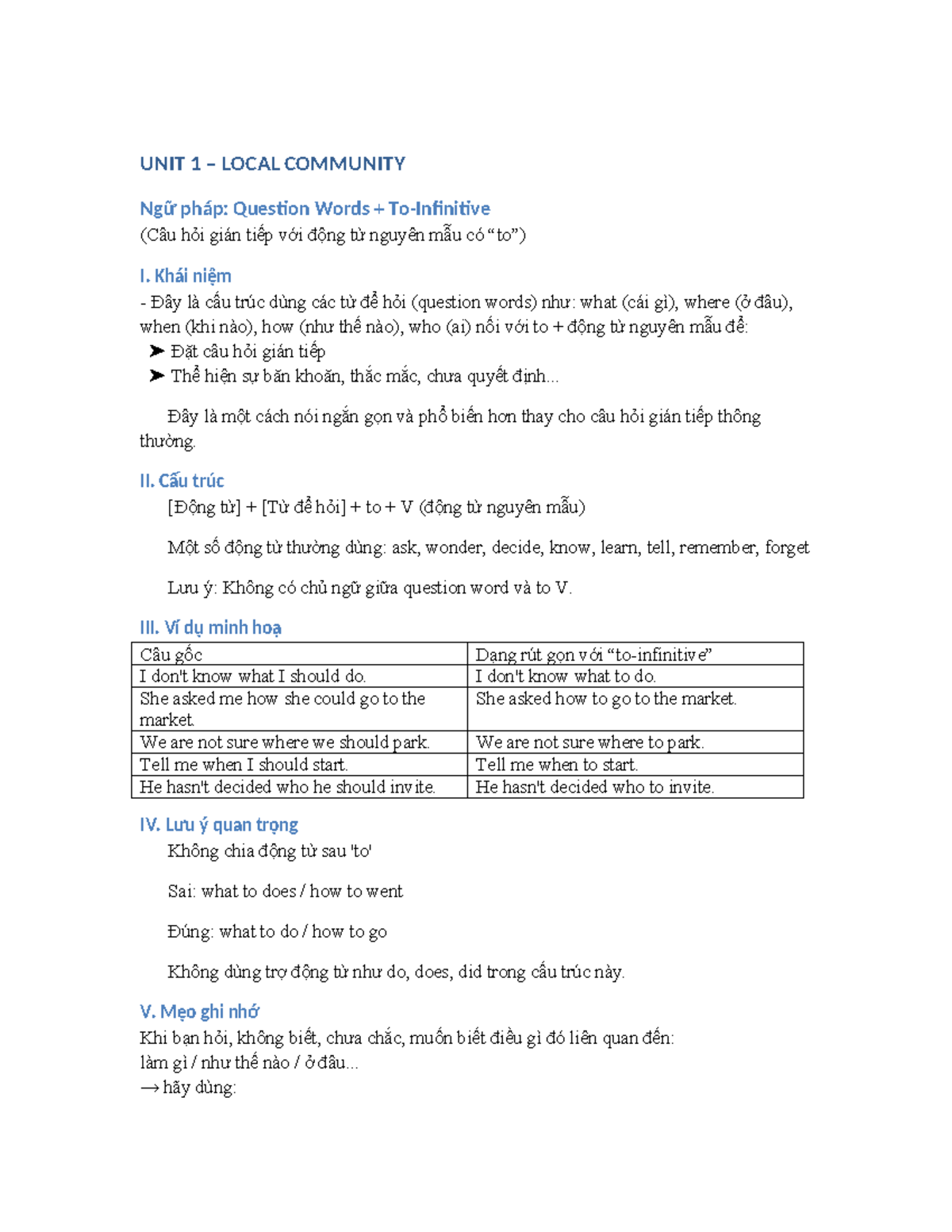 UNIT 1: GRAMMAR - QUESTION WORDS & TO INFINITIVE - Studocu