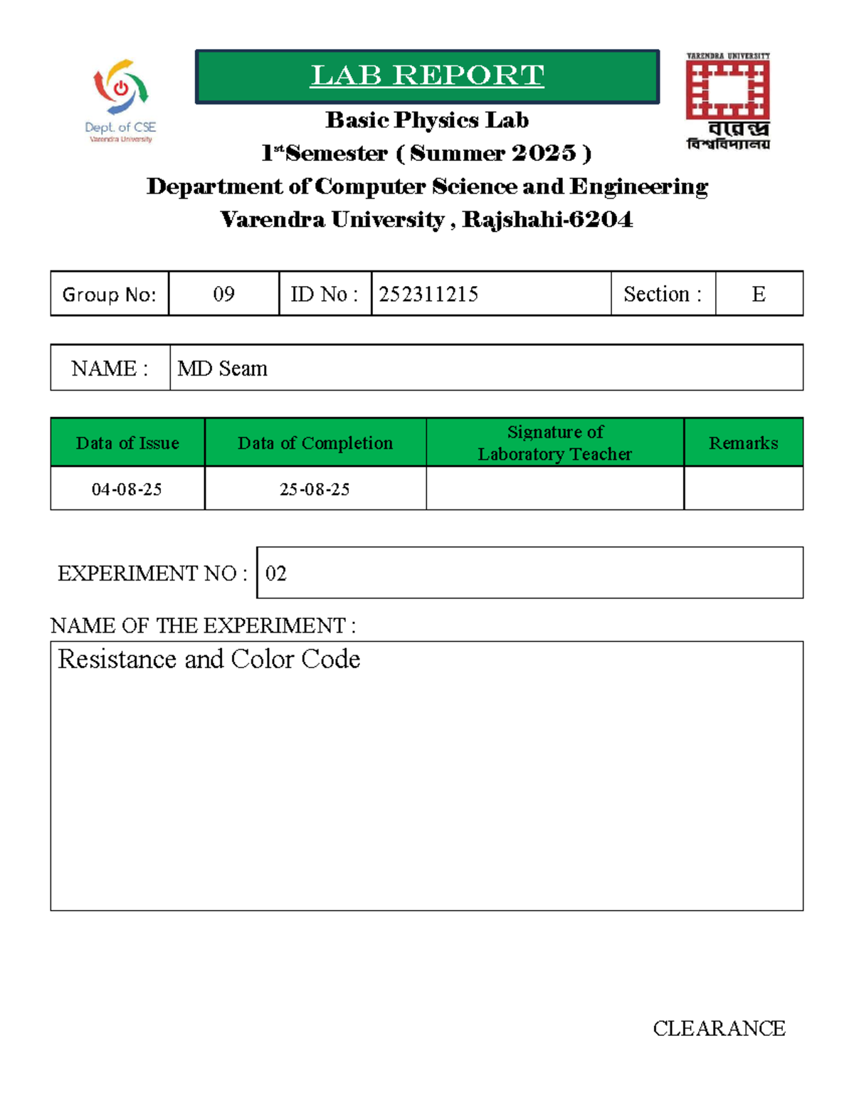 LAB REPORT: Physics Experiment 2 - Resistance & Color Code (CS101 ...