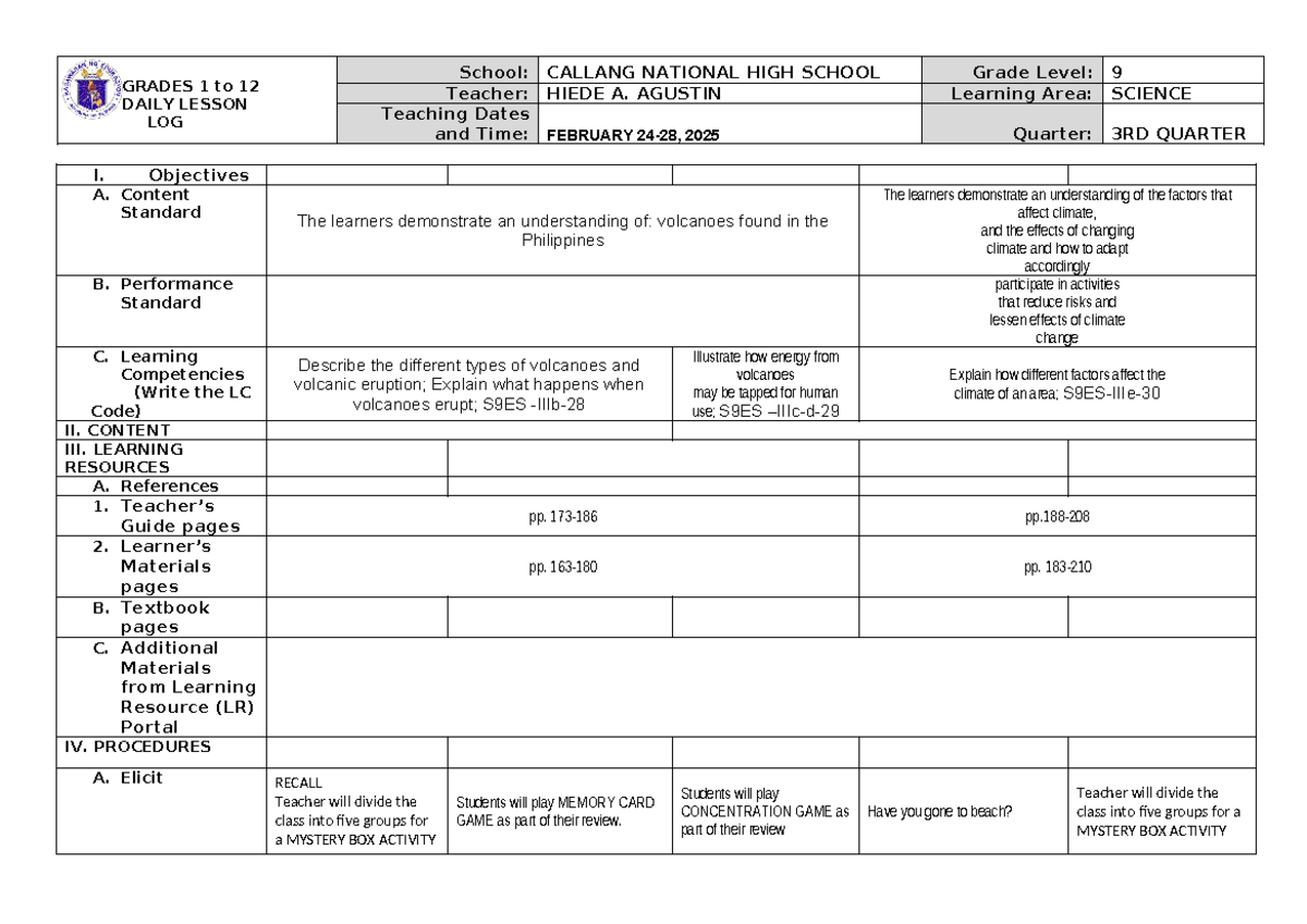 Science 9 DLL- WEEK 3 Quarter 2024-2025 - GRADES 1 to 12 DAILY LESSON ...