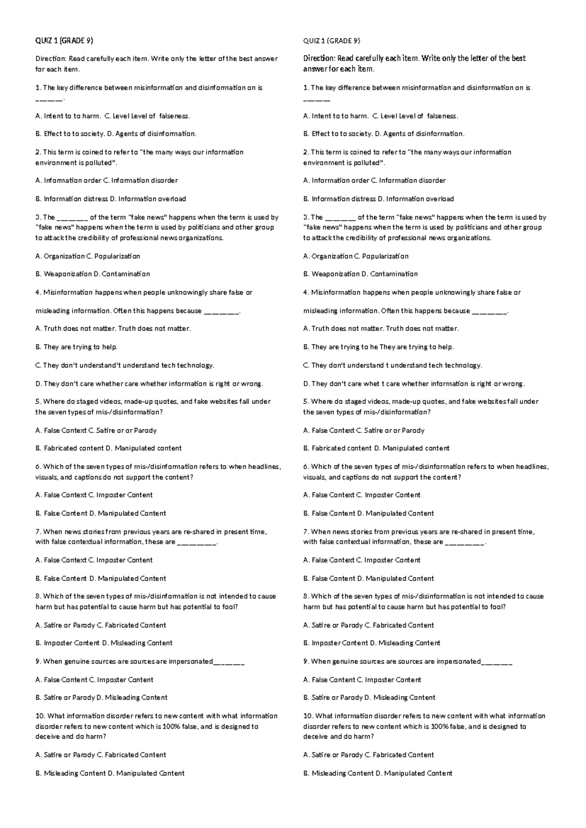 QUIZ 1 (GRADE 9) - Misinformation and Disinformation Concepts - Studocu