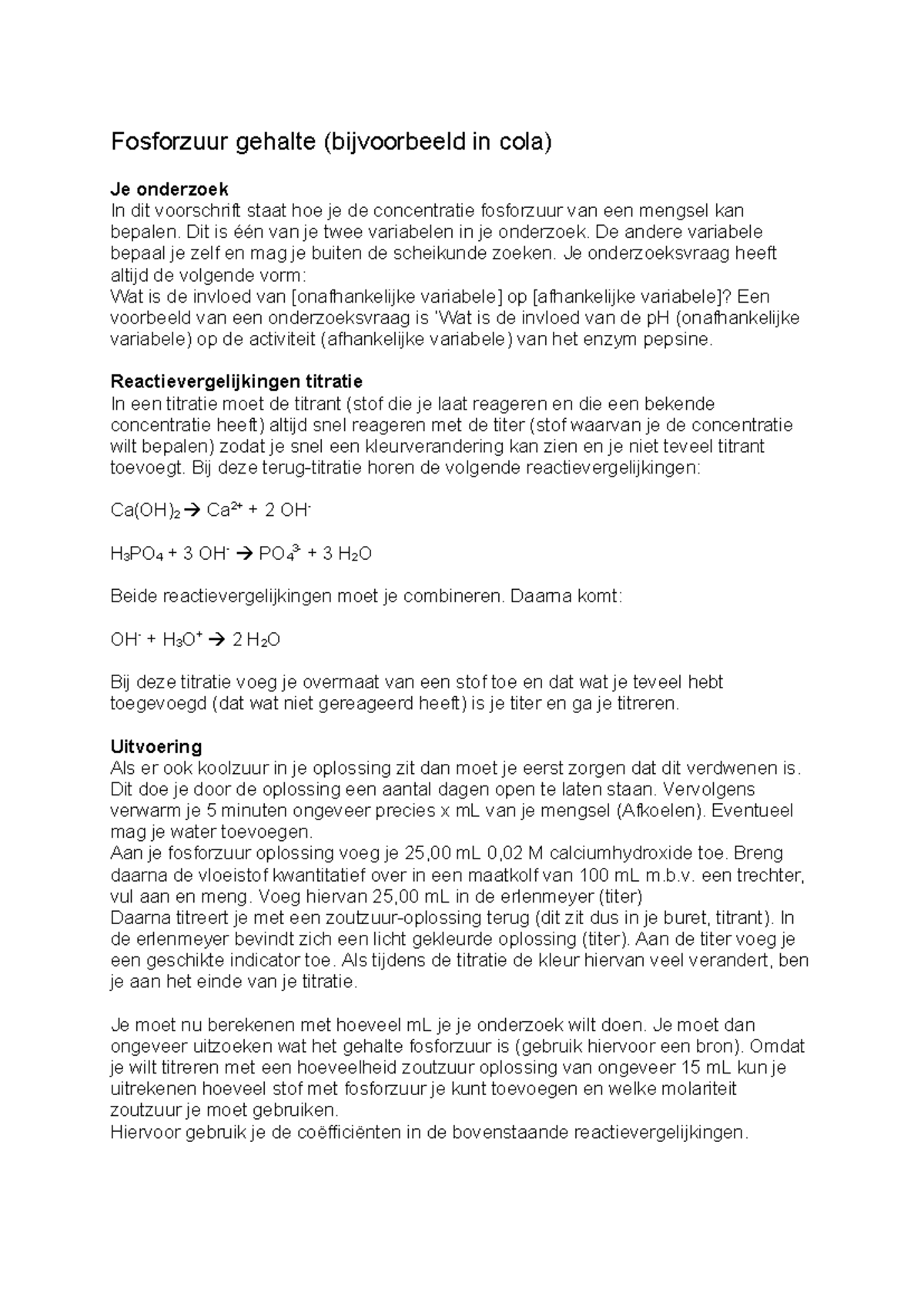 Fosforzuur B - Onderzoeksopzet en Reactievergelijkingen 2023 - Studeersnel