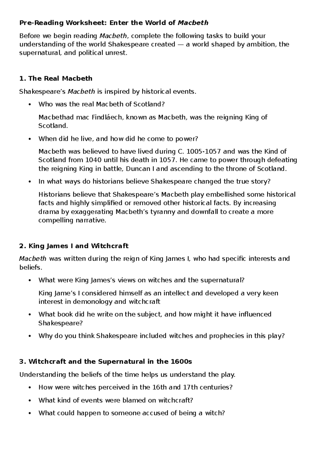 Macbeth Pre-Reading Worksheet: Exploring Themes & Context - Studocu