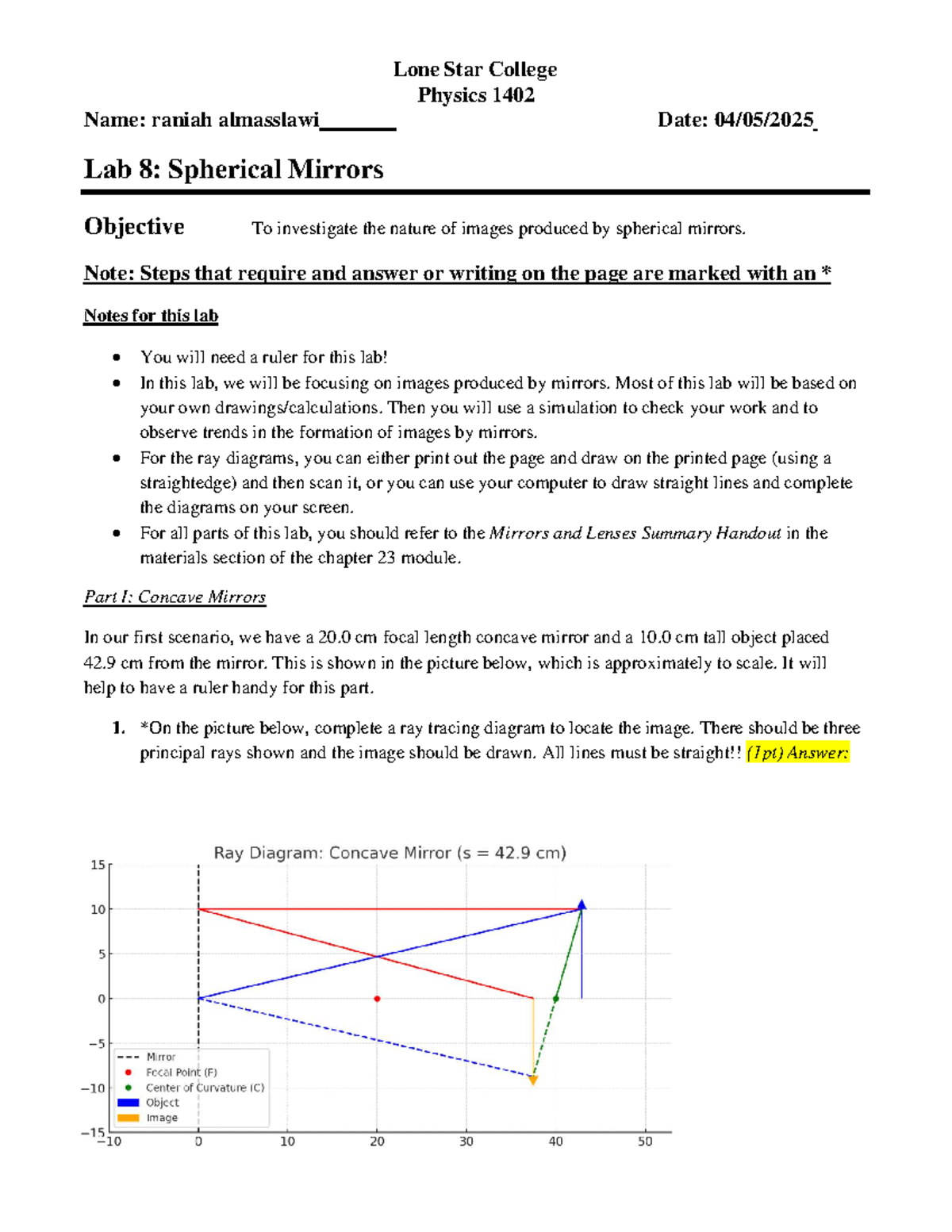 Lab 8: Spherical mirrors in physics 1402 by raniah almasslawi - Studocu