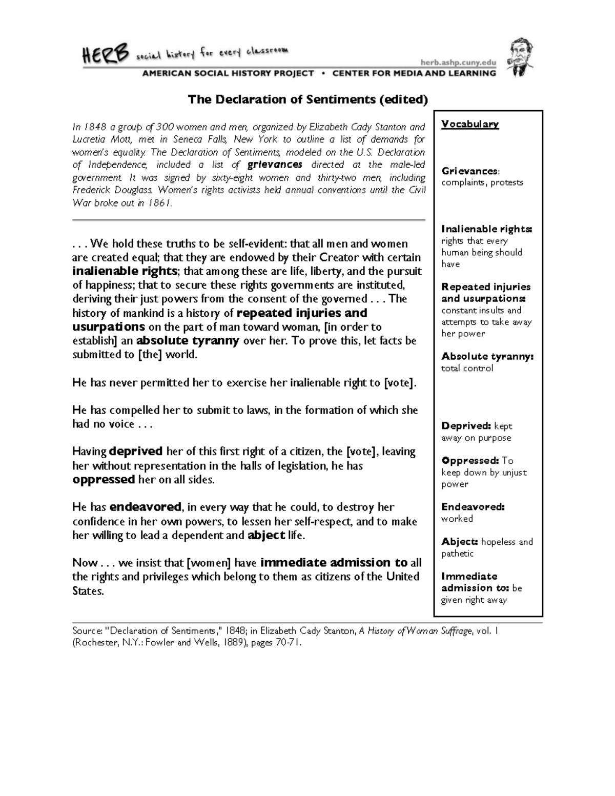 Declaration of Sentiments - The Declaration of Sentiments, modeled on ...