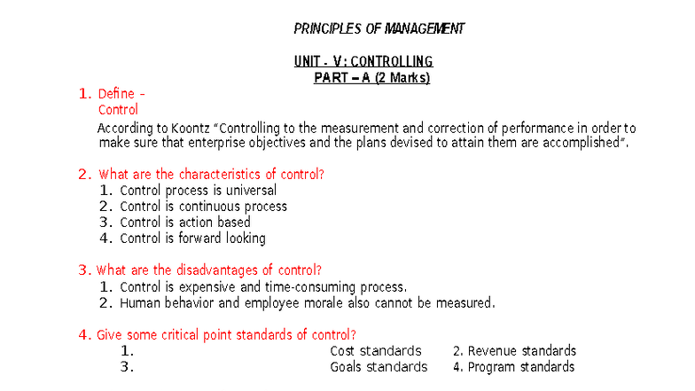 Unit 5: Controlling in Principles of Management (POM - GE3791) - Studocu