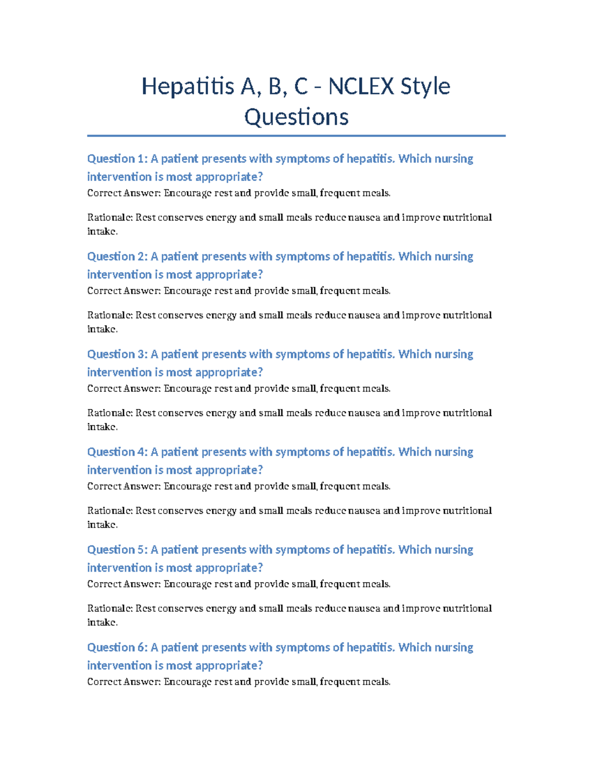 NCLEX Hepatitis A, B, C: Nursing Interventions Questions - Studocu