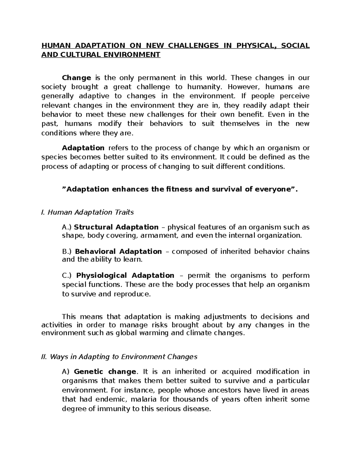 Human Adaptations TO NEW Challenges IN Environment - HUMAN ADAPTATION ...