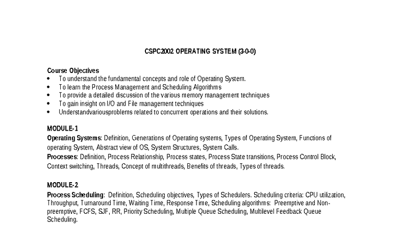CSPC2002 Operating Systems Syllabus Overview and Key Concepts - Studocu