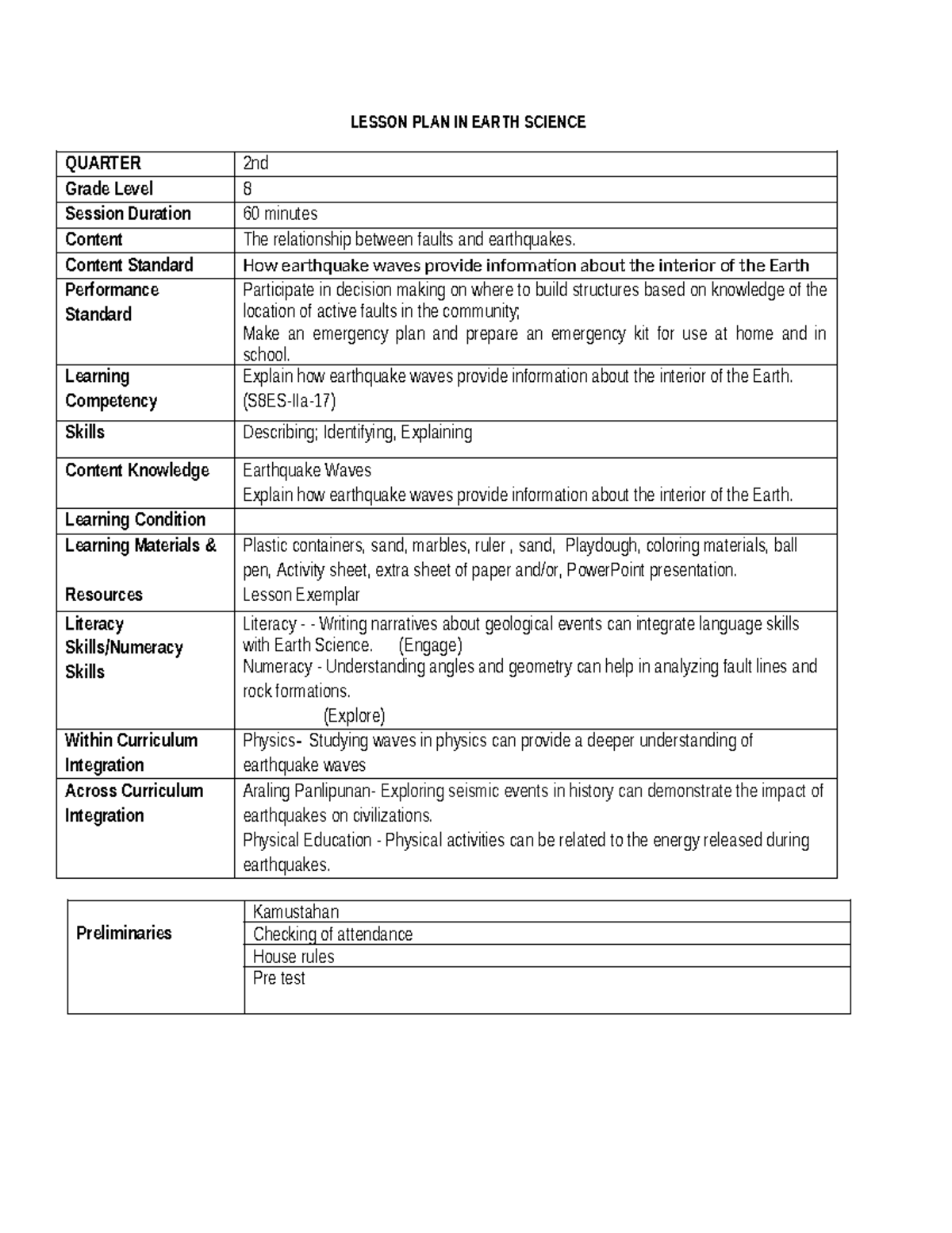 Lesson Plan: Earth Science for Grade 8 - Week 2, Day 5 (S8ES-IIa-17 ...