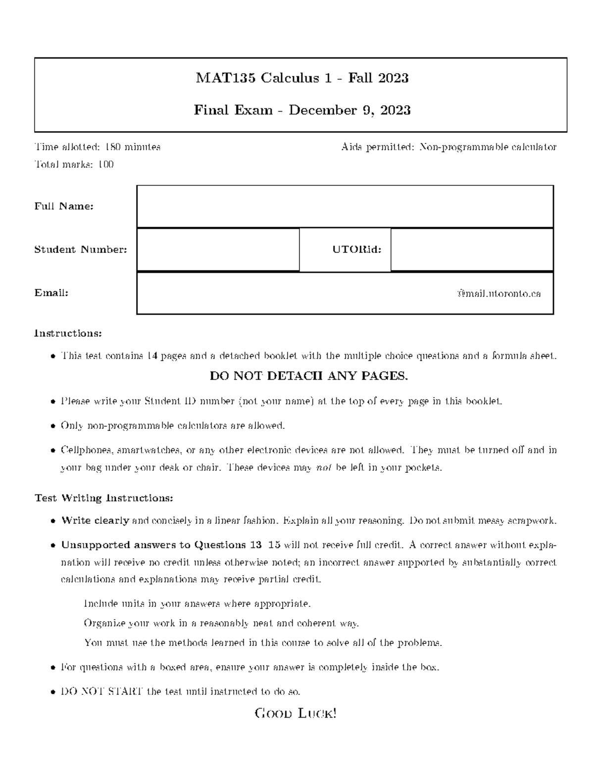 MAT135 2023 Final Exam Practice Questions with Solutions - Studocu