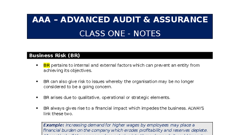 AAA 1.0 Class Notes: Business Risk & Audit Risk Overview - Studocu