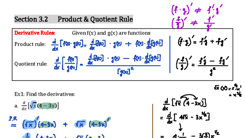 Section 3.2 - Product & Quotient Rule Derivatives (Calc 101) - Studocu