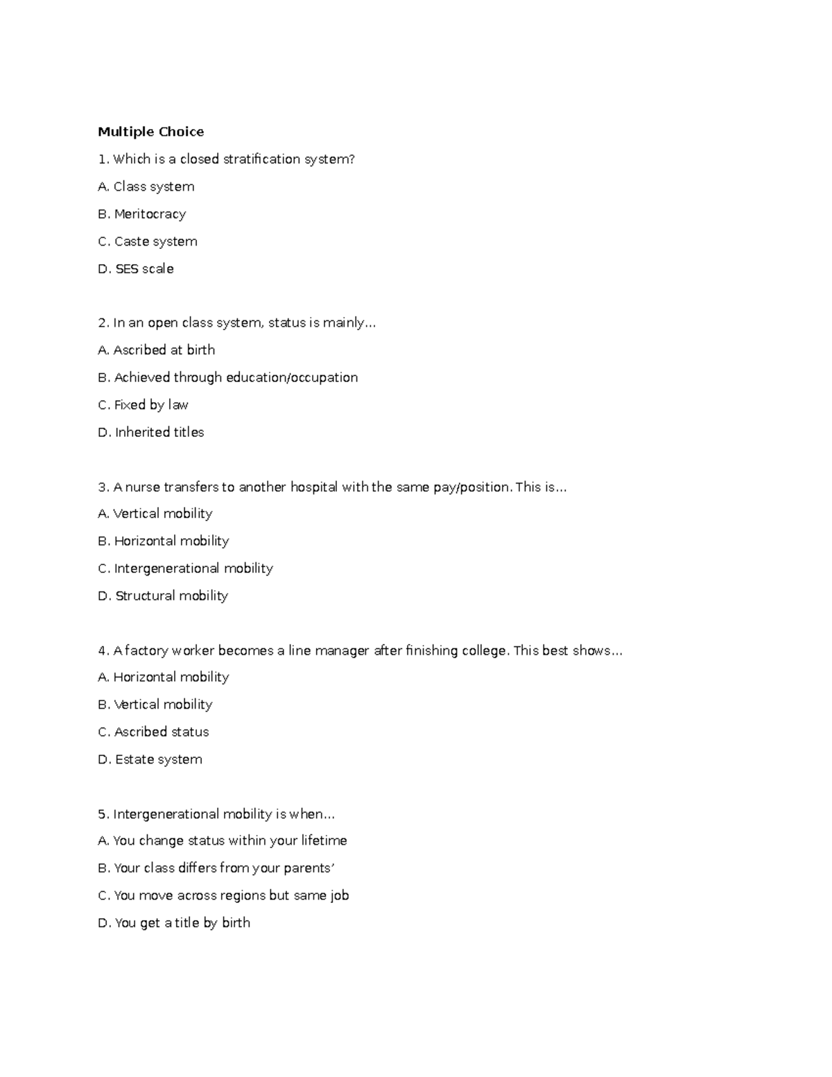 UCSP-TEST: Multiple Choice Questions on Social Stratification - Studocu