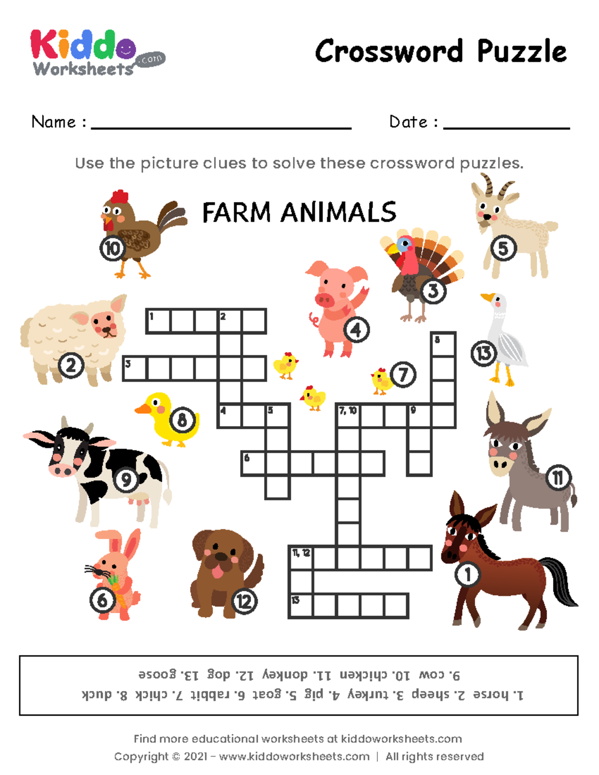 Crossword Puzzle Farm Animals Worksheet - Basic English Course 2 - Find ...