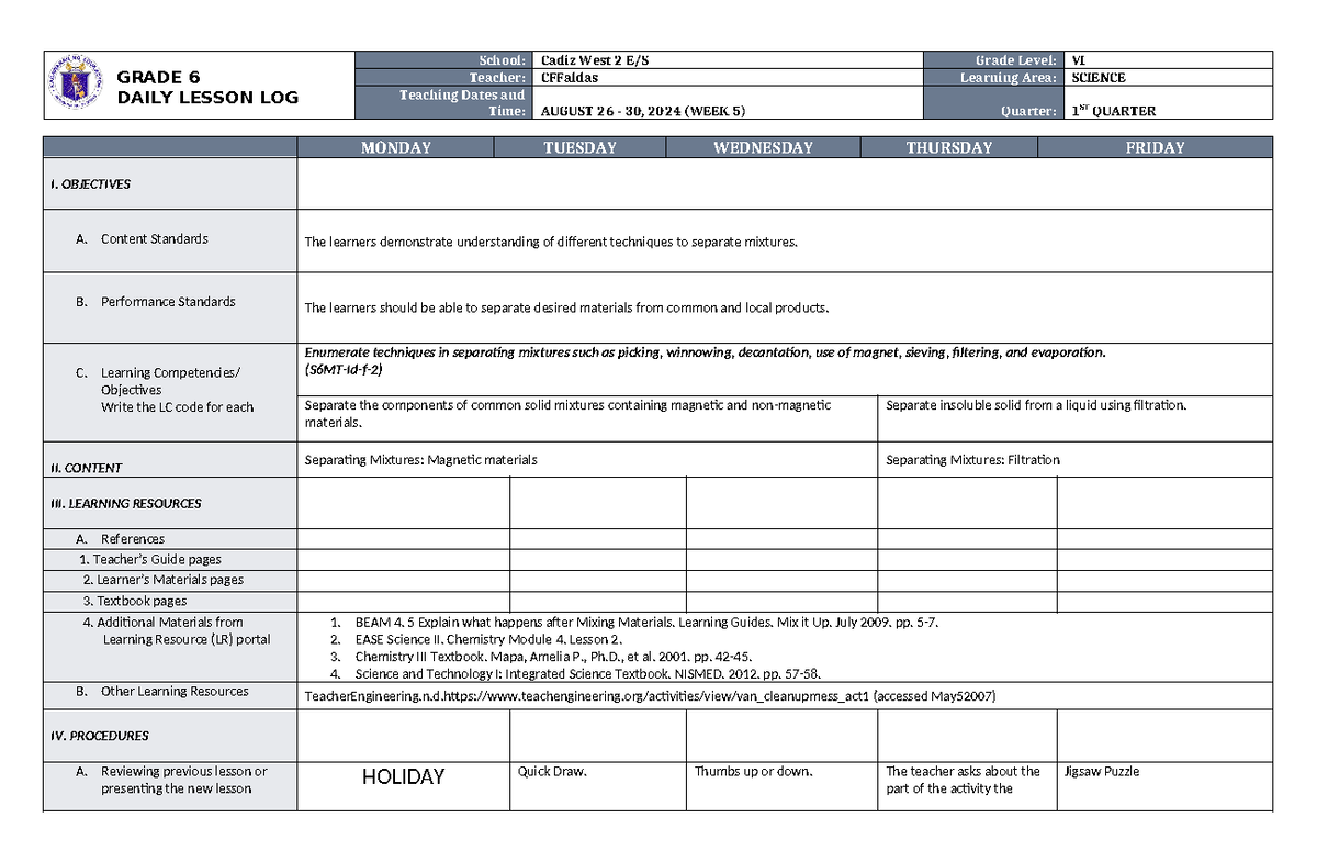 DLL Science-6 Q1 W5 - DLL - GRADE 6 DAILY LESSON LOG School: Cadiz West ...