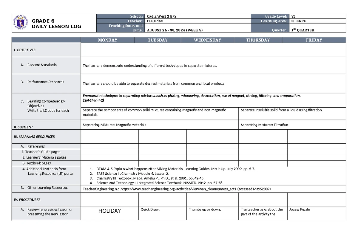 DLL Science-6 Q1 W8 - Lesson Log on Separating Mixtures - Studocu