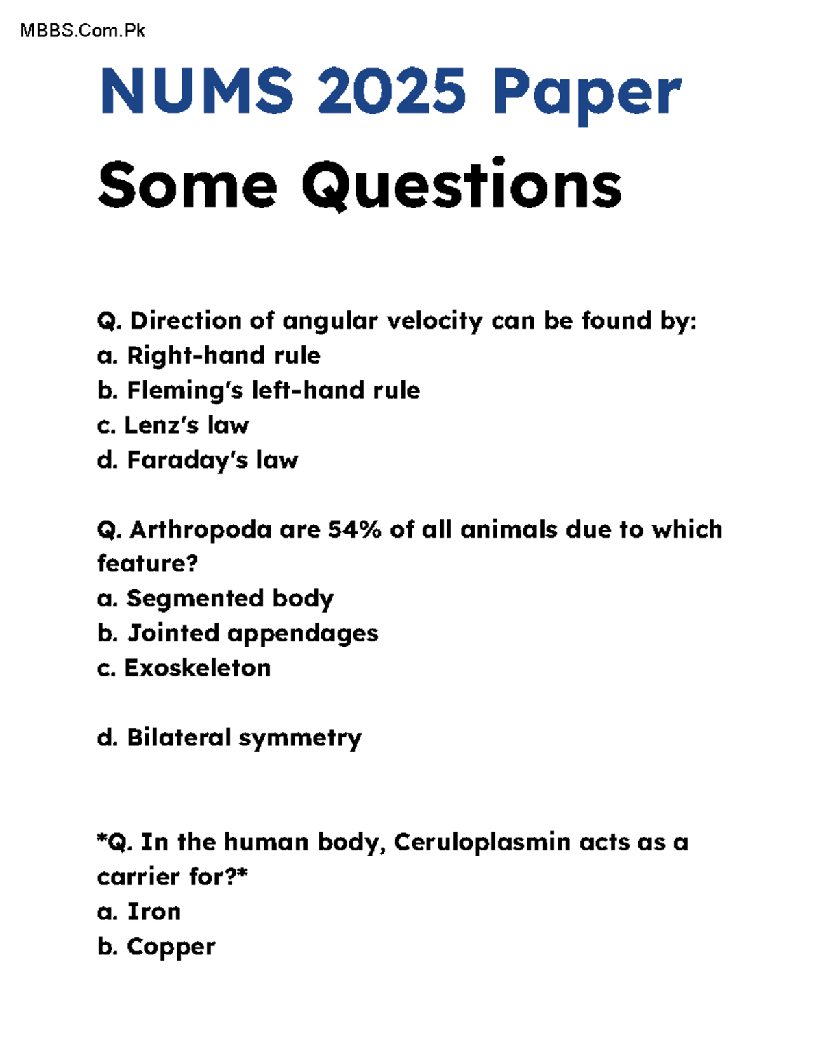 MBBS.Com.Pk NUMS 2025 Exam Paper: Key Questions & Answers - Studocu