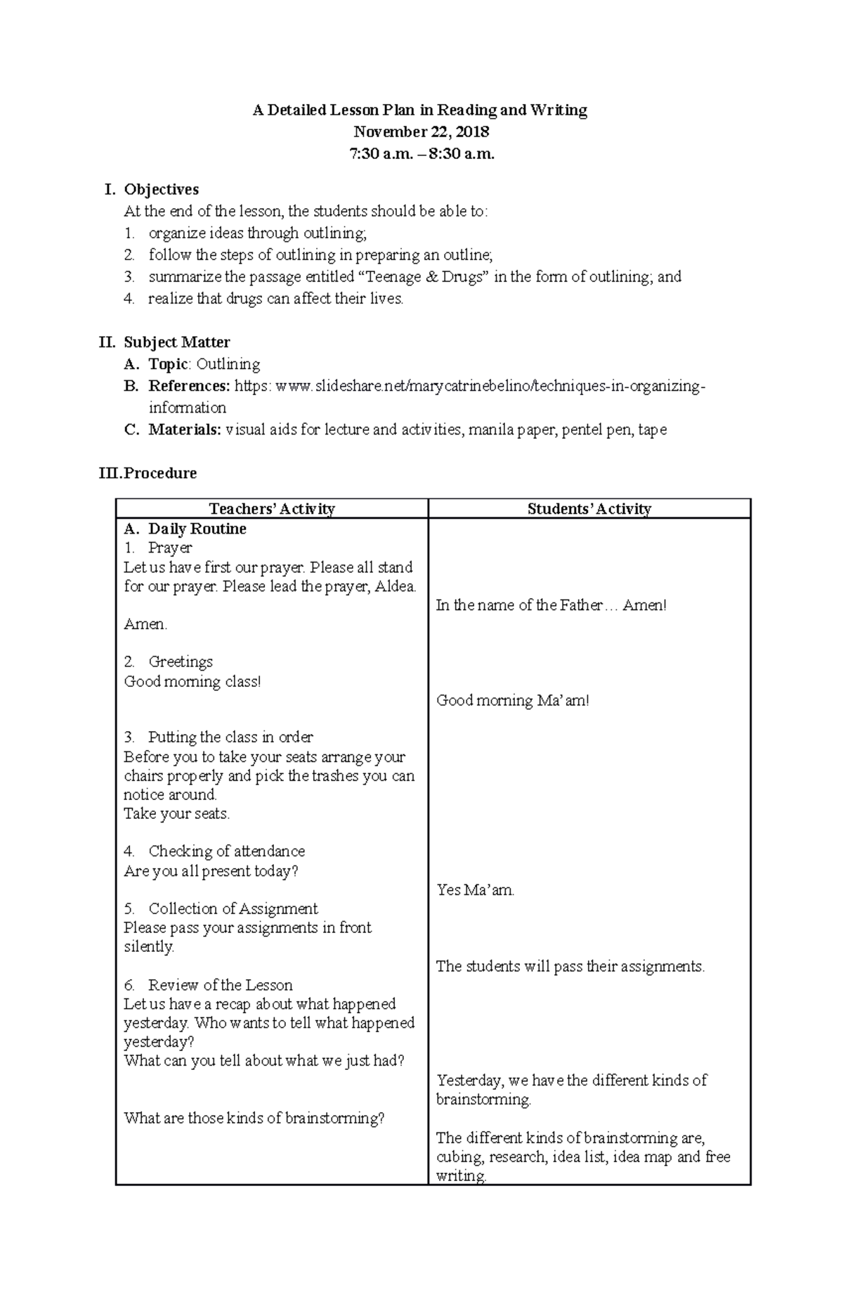 Detailed Lesson Plan: Outlining in English 11 - Studocu