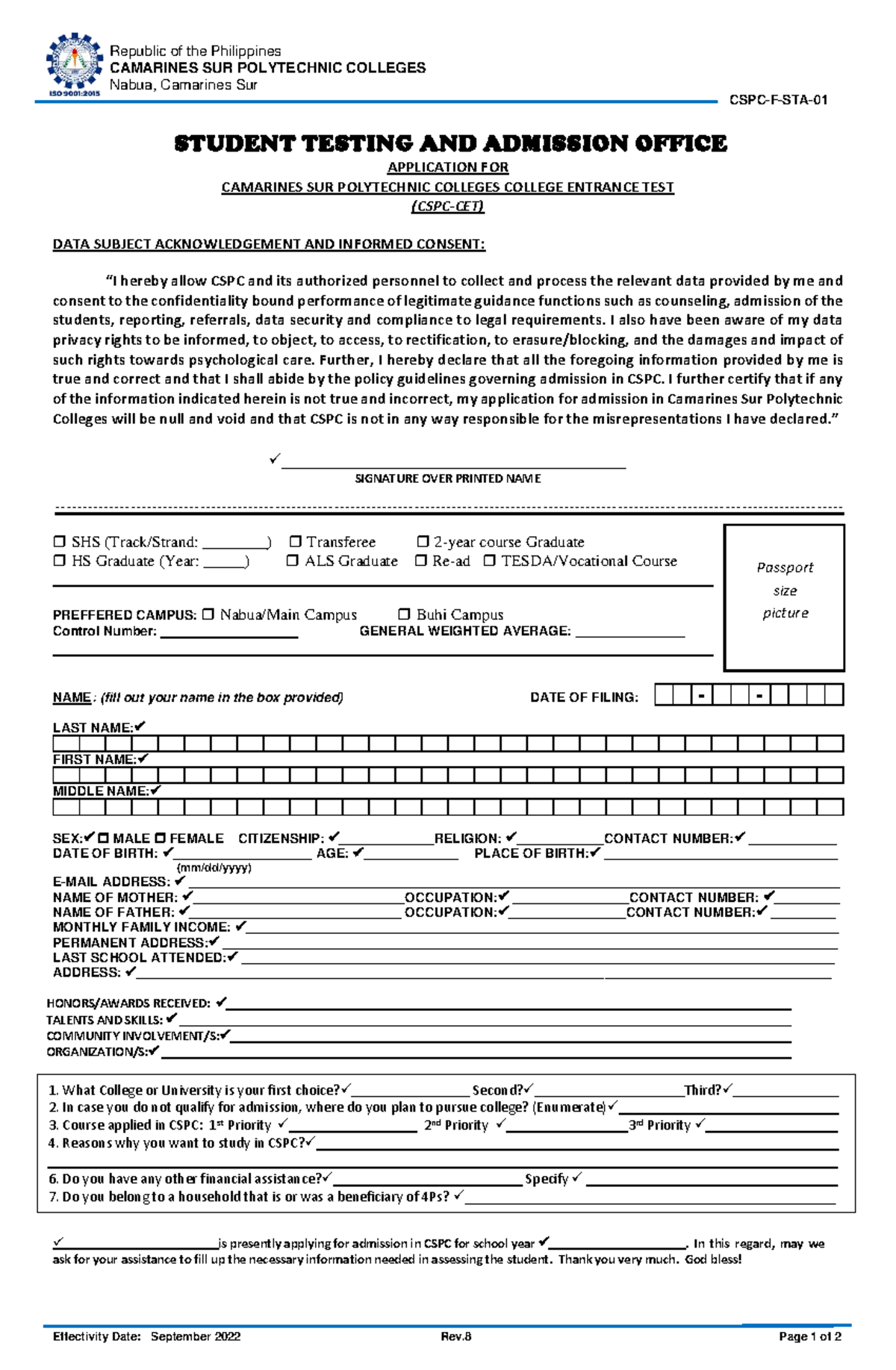 Application for CSPC-CET (Rev 8): Data Acknowledgment & Consent - Studocu