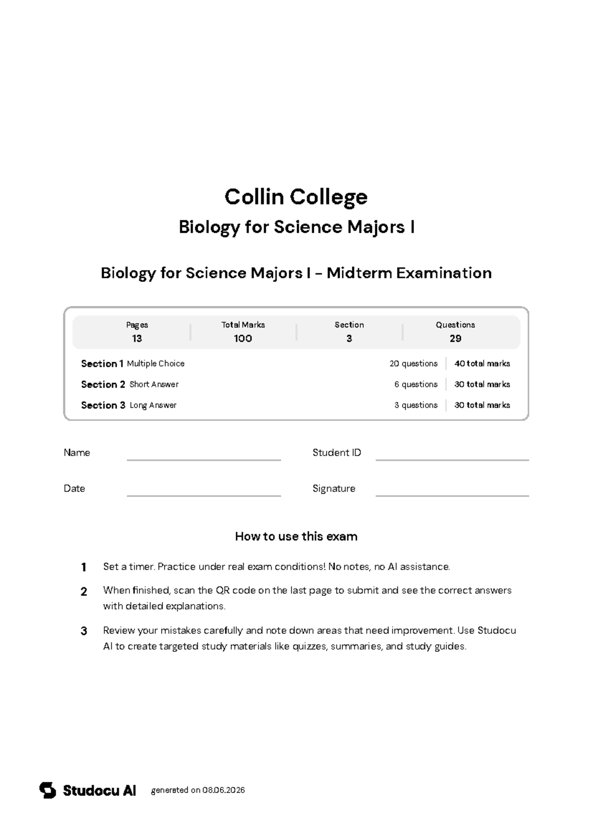Biology for Science Majors I - Midterm Exam - Studocu