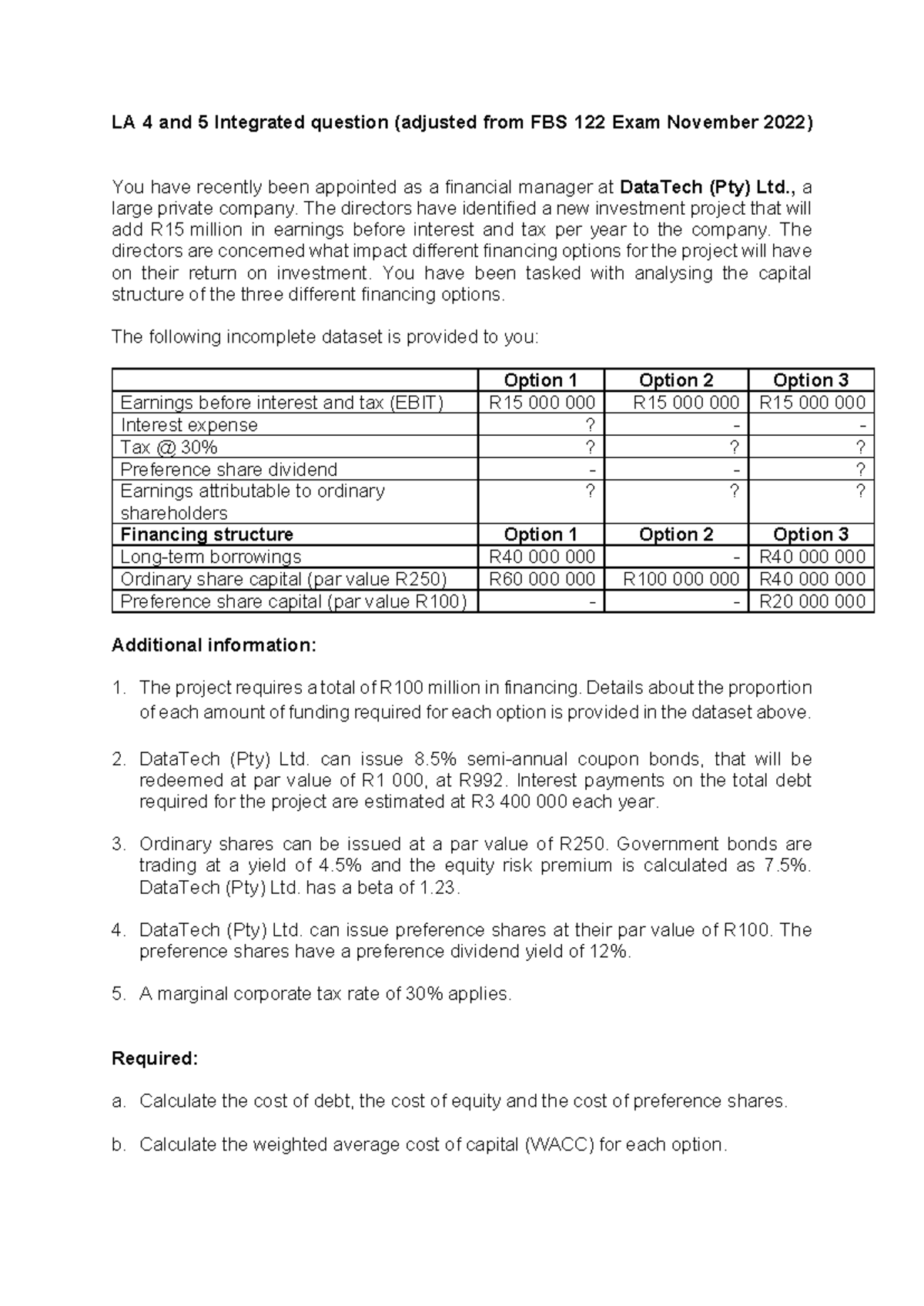 WACC and Capital Structure Analysis for LA 4 and 5 (FBS 122) - Studocu