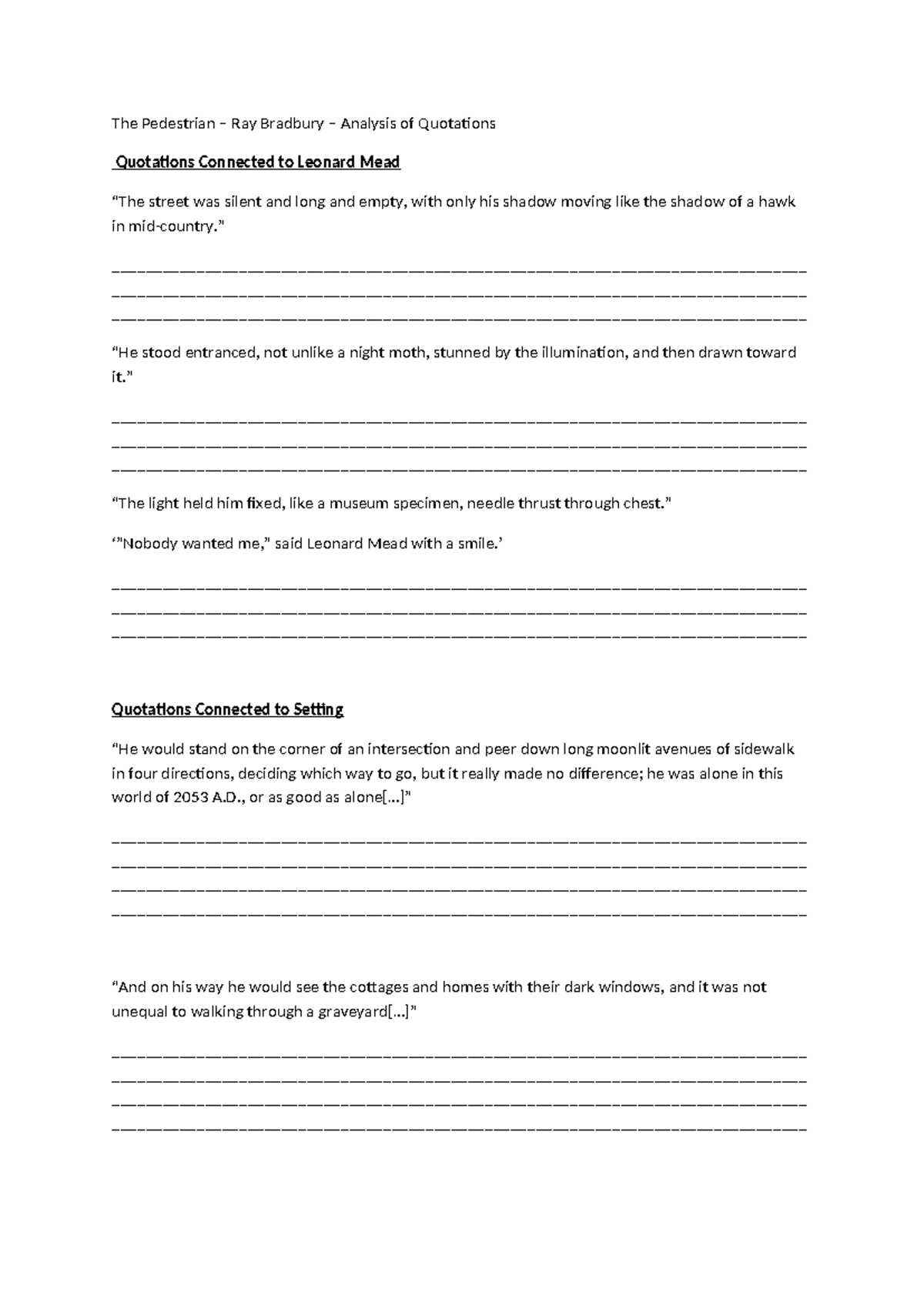 Analysis of Quotations from "The Pedestrian" – Ray Bradbury - Studocu