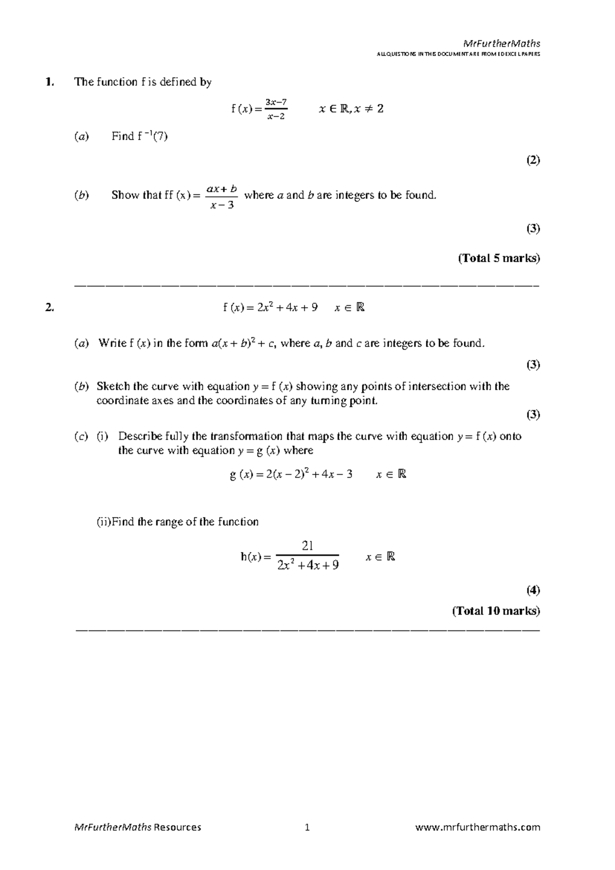 Yr2 Functions and Graphs: Edexcel Past Paper Questions Analysis - Studocu