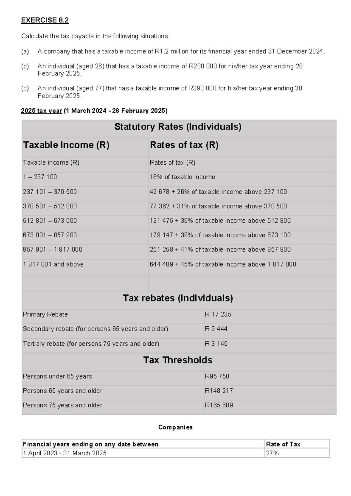 Exercise 8.2: Tax Payable Calculations for Individuals & Companies ...