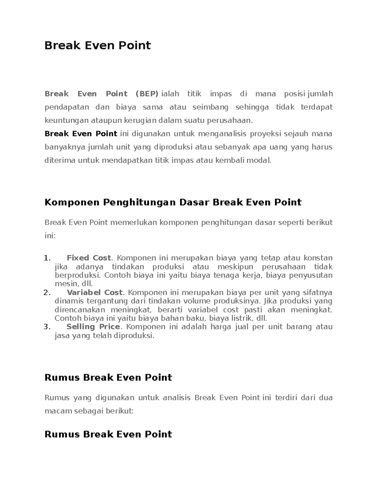 Analisis Break Even Point (BEP) untuk Perusahaan dan Contoh Soal - Studocu