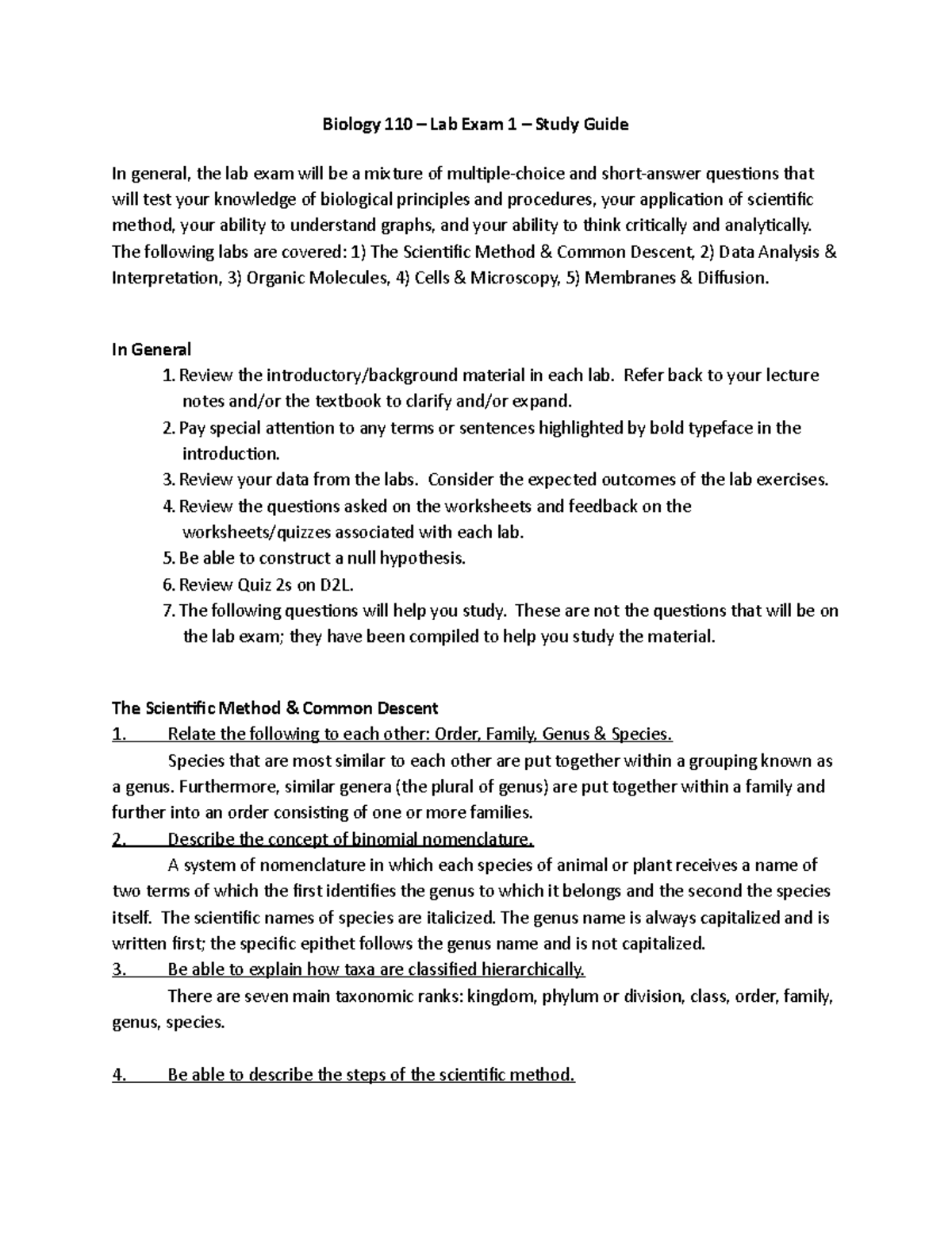 Biology 110 Lab Exam 1 Study Guide: Key Principles and Techniques - Studocu