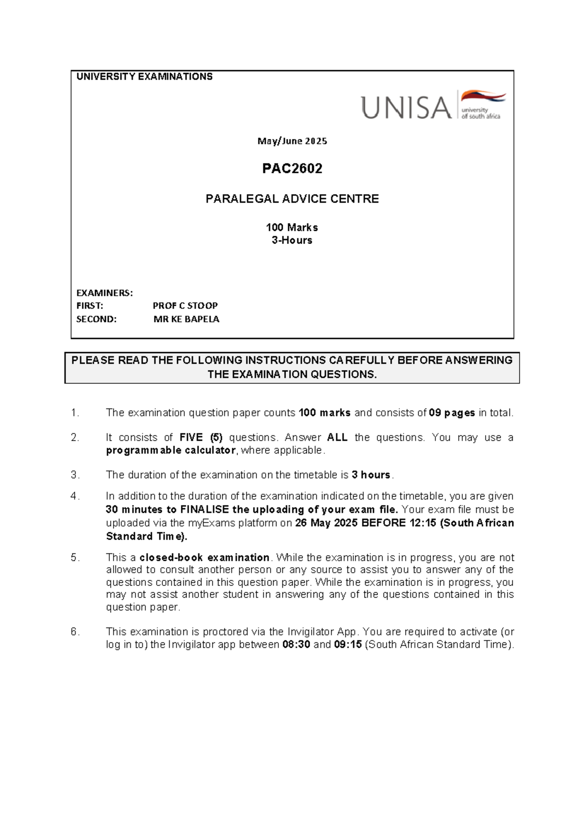 PAC2602 FINAL EXAM 2025: Paralegal Advice Centre Guidelines and ...