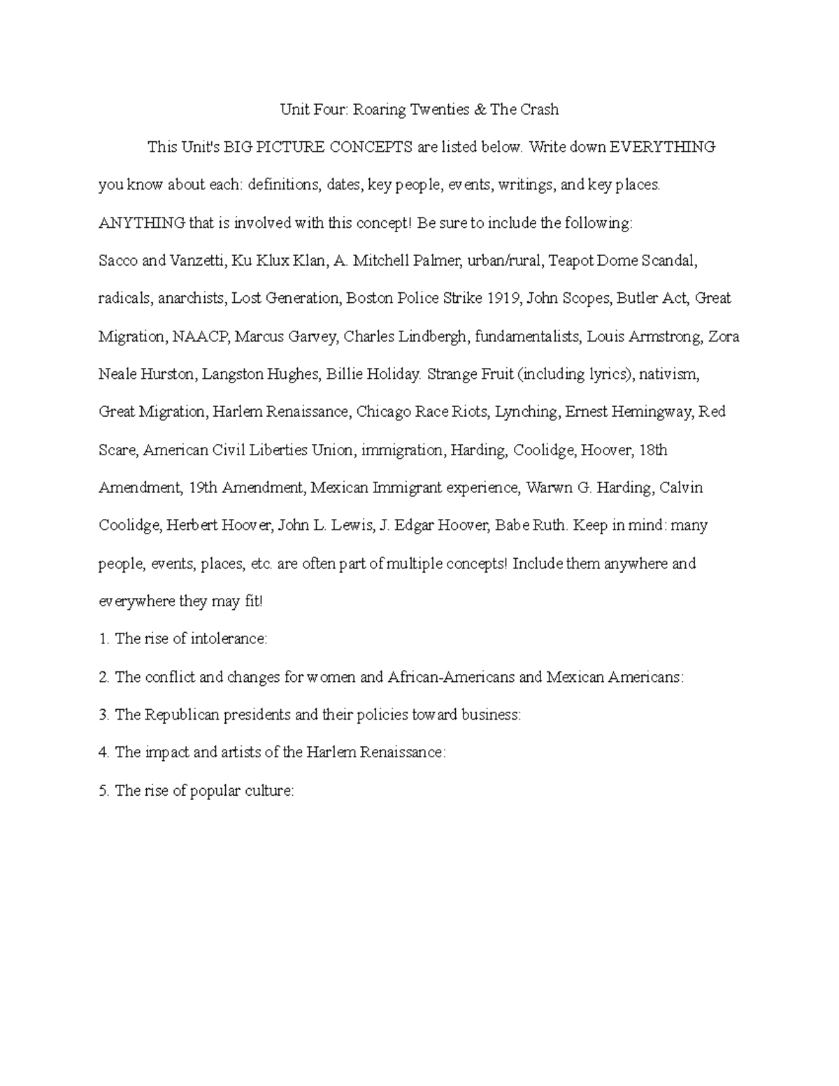 Study Guide - Unit 4: Roaring Twenties & The Great Crash - Unit Four ...