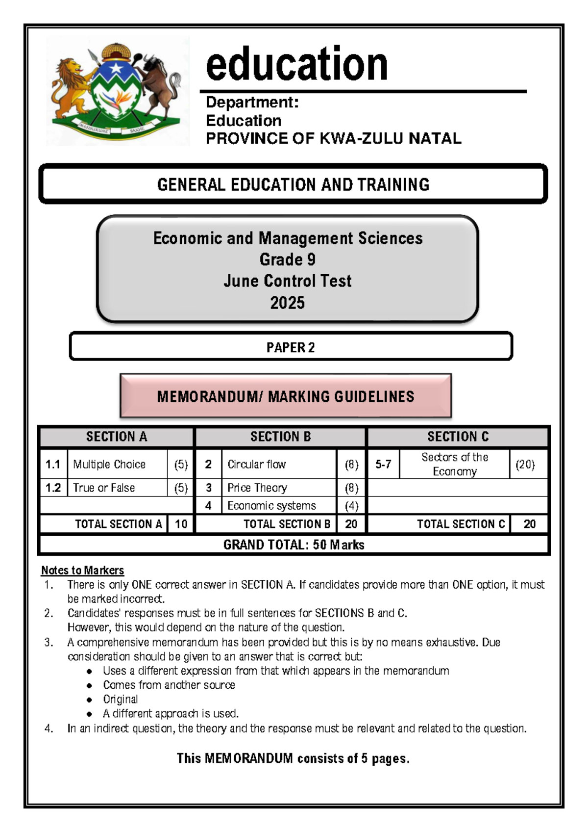 EMS Grade 9 June 2025 Control Test Paper 2 Marking Guidelines - Studocu