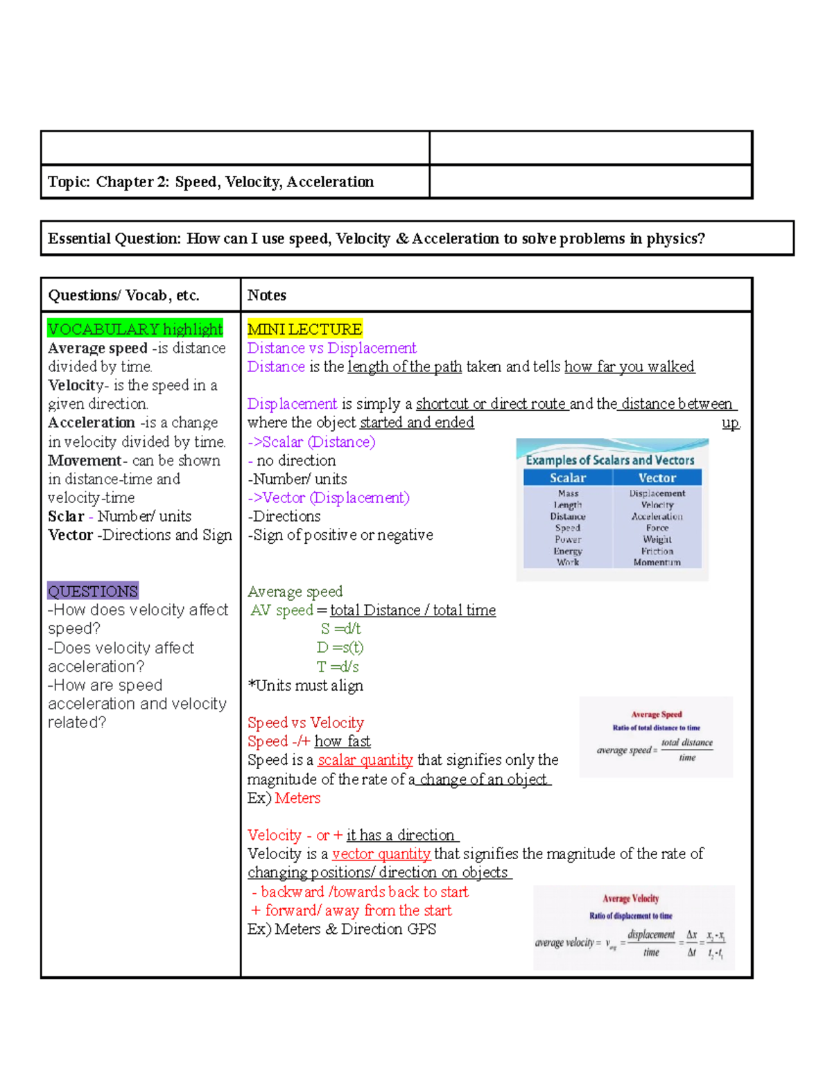 Chapter 2 Notes: Speed, Velocity, and Acceleration Overview - Studocu
