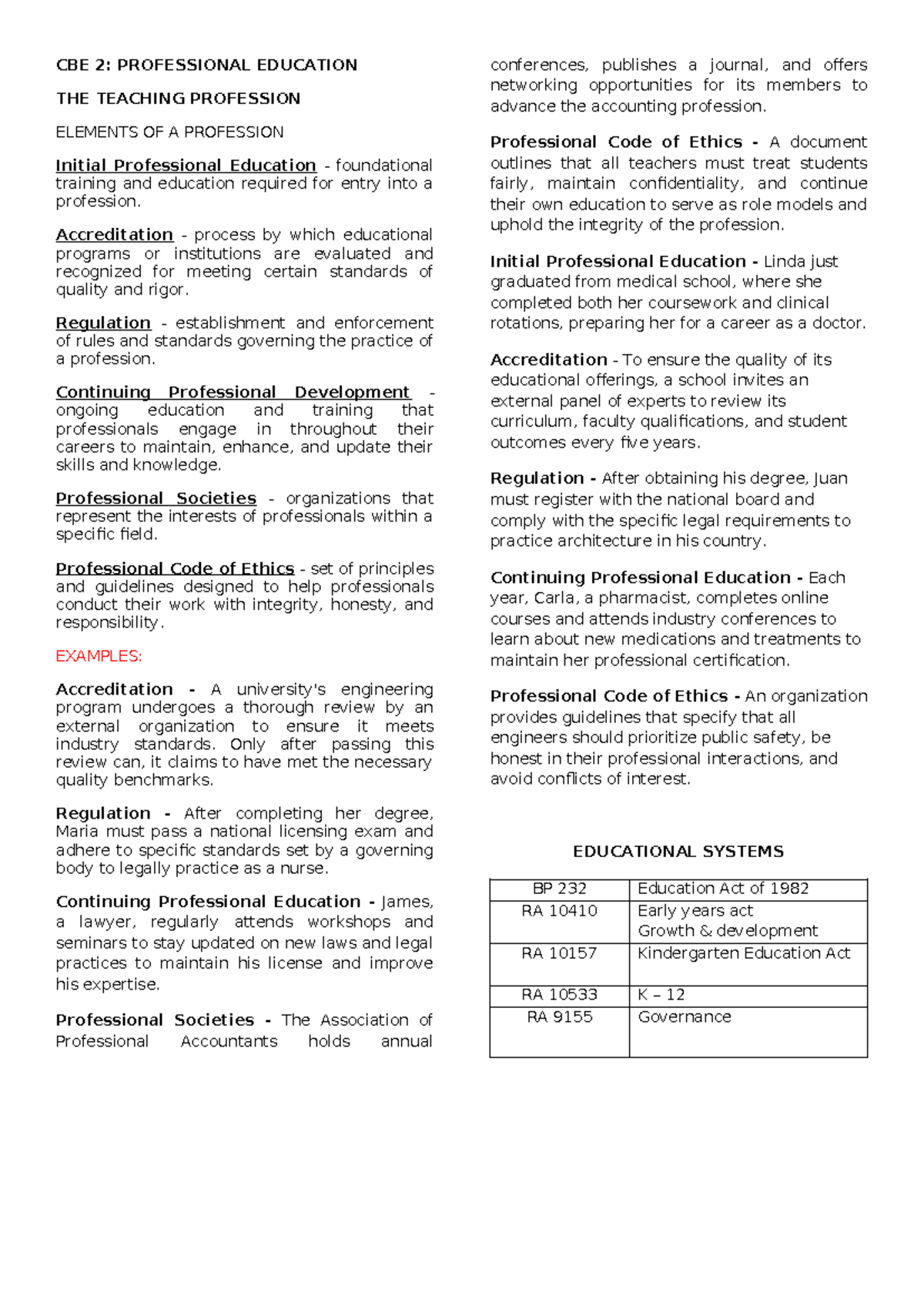 CBE 2: Professional Education in the Teaching Profession Overview - Studocu