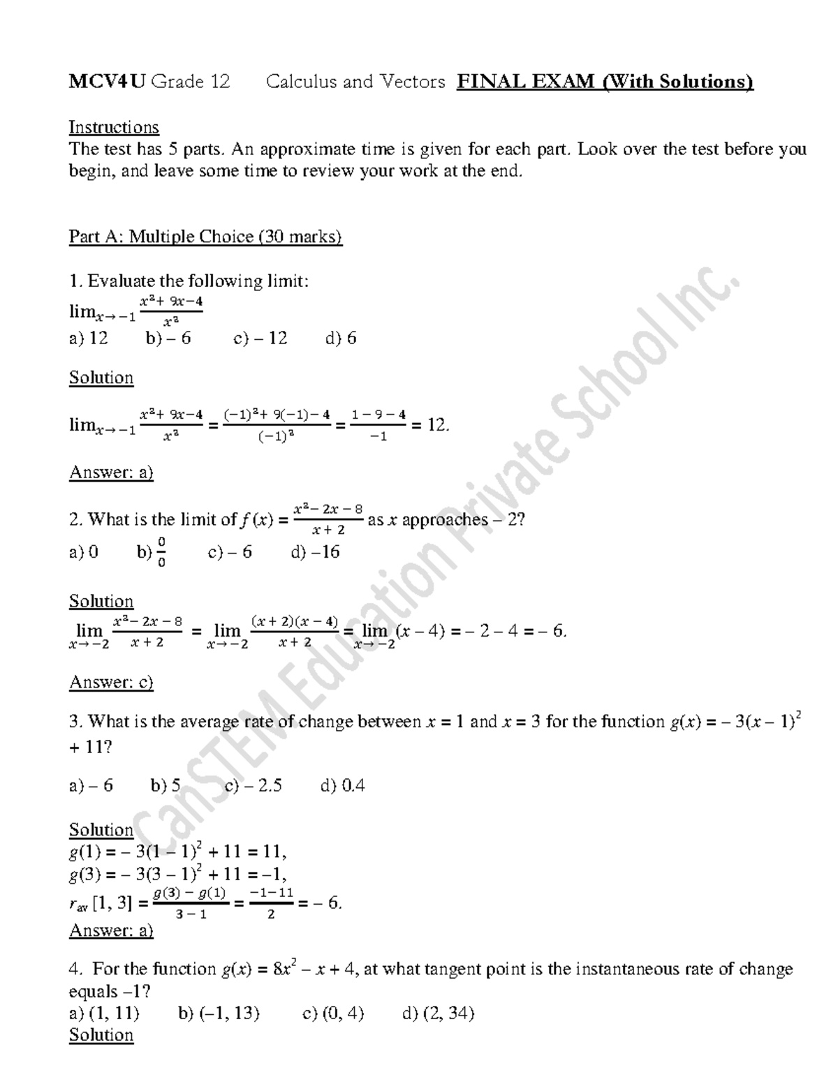 MCV4U Final Exam Solutions - Grade 12 Calculus & Vectors - Studocu
