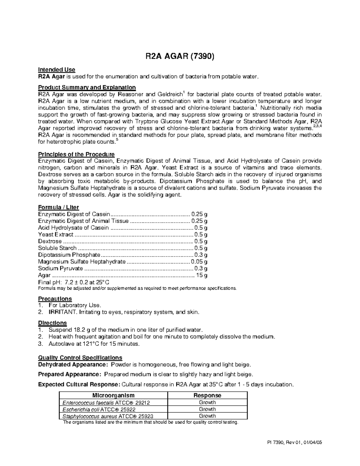 Reasoner 2A Agar - medio cultivo aguas - PI 7390, Rev 01, 01/04/ R2A ...