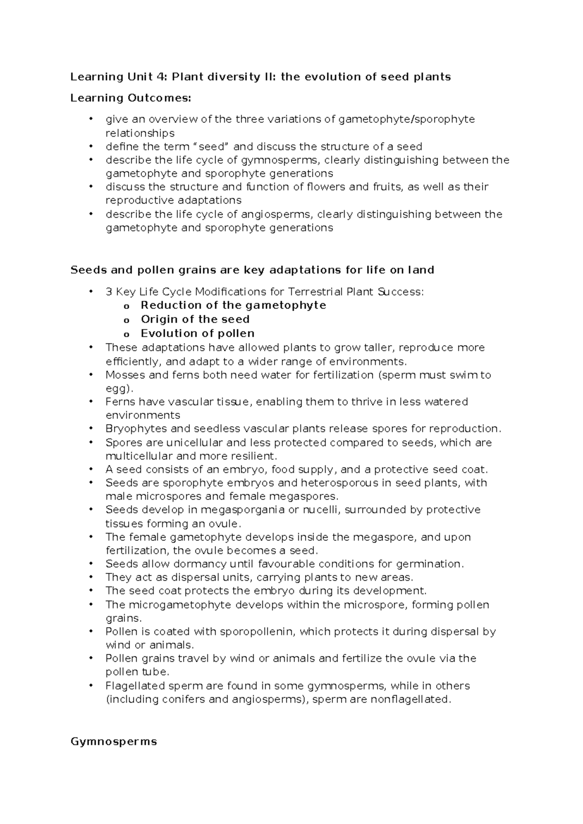 Learning Unit 4: Plant Diversity II - Evolution of Seed Plants Notes ...