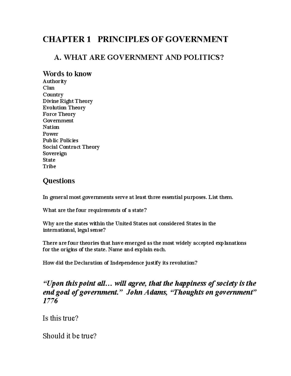 CHAPTER 1: Principles of Government - Key Concepts & Theories - Studocu
